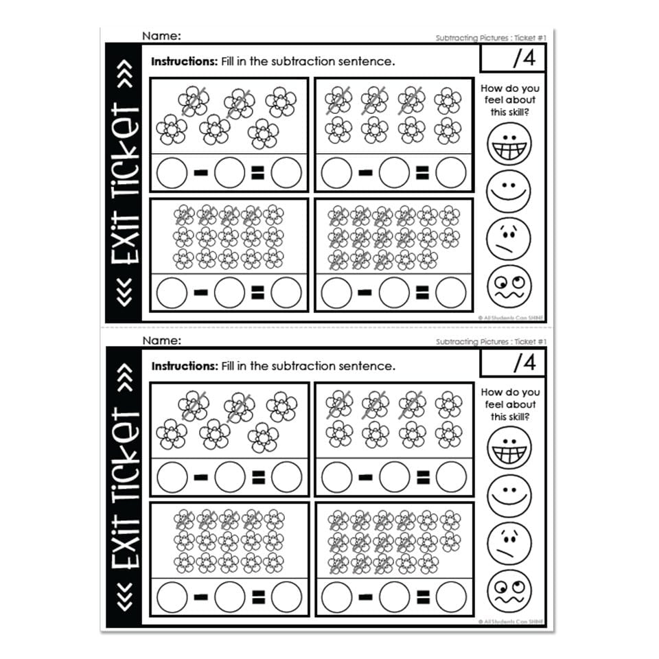 Math Exit Tickets - Subtracting Pictures - Lucky Little Learners