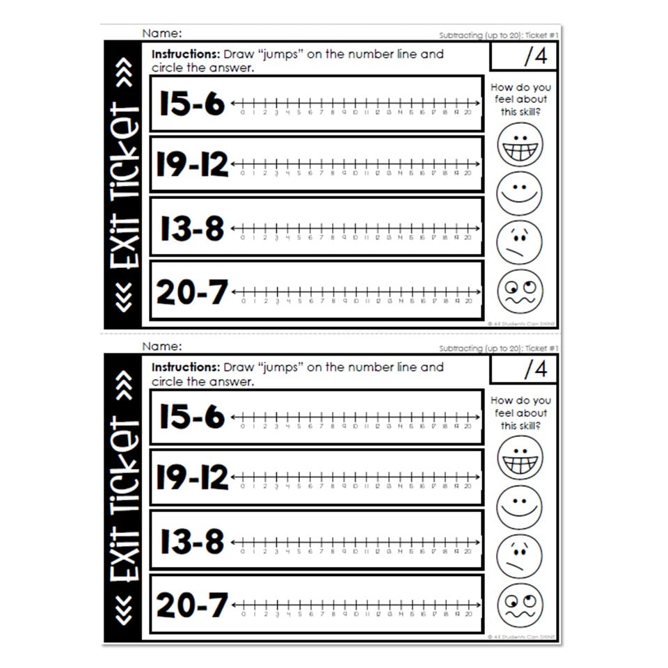 Math Exit Tickets - Subtracting up to 20 - Lucky Little Learners