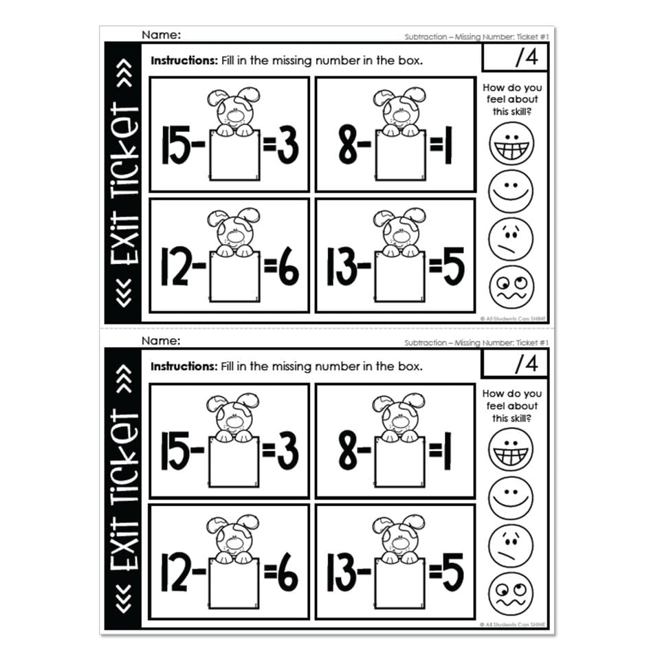 Math Exit Tickets - Subtraction Missing Number - Lucky Little Learners