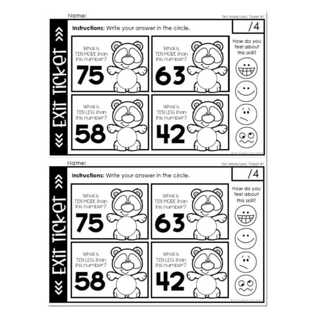 Math Exit Tickets - Ten More Ten Less - Lucky Little Learners