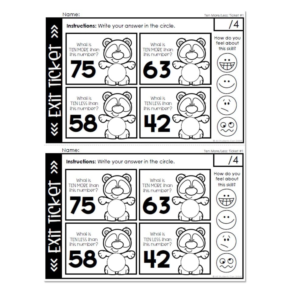 Math Exit Tickets - Ten More Ten Less - Lucky Little Learners