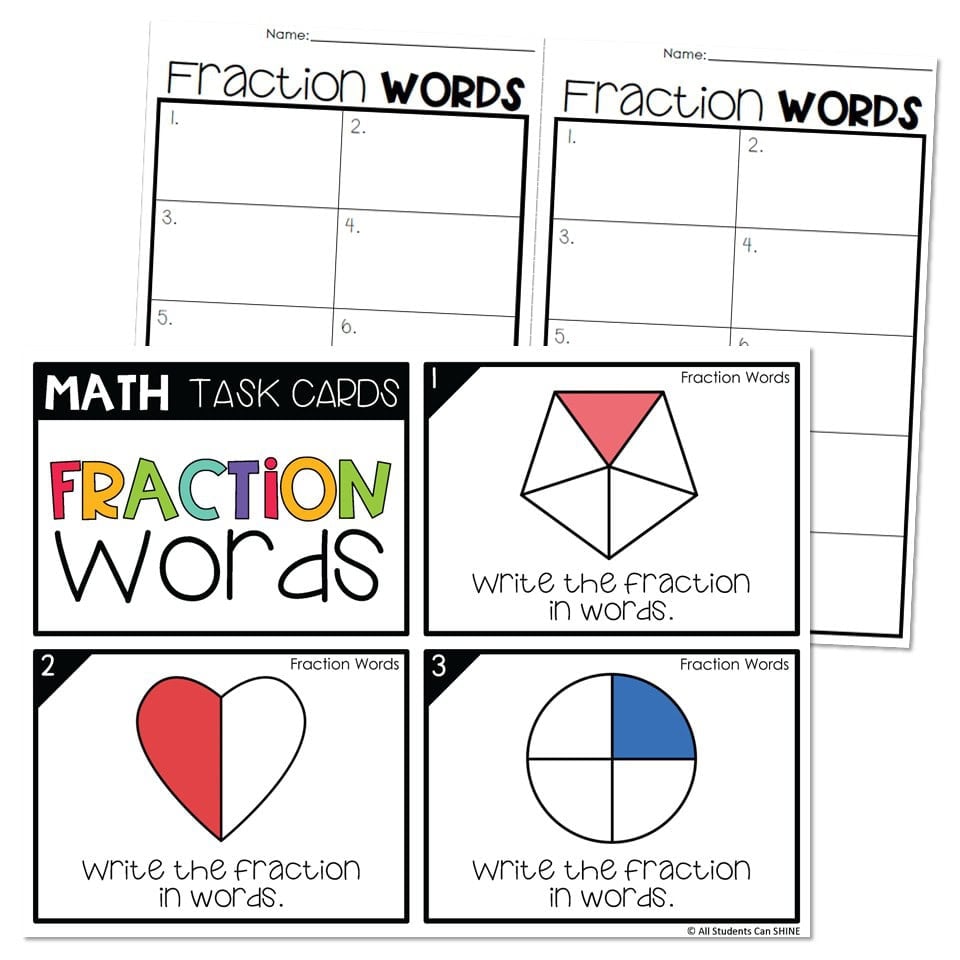 Math Task Cards - Fractions - Fraction Words - Lucky Little Learners