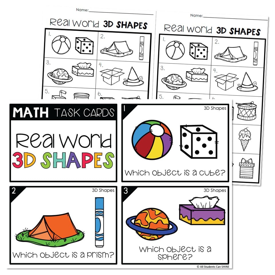 Math Task Cards - Geometry - Real World 3D Shapes - Lucky Little Learners