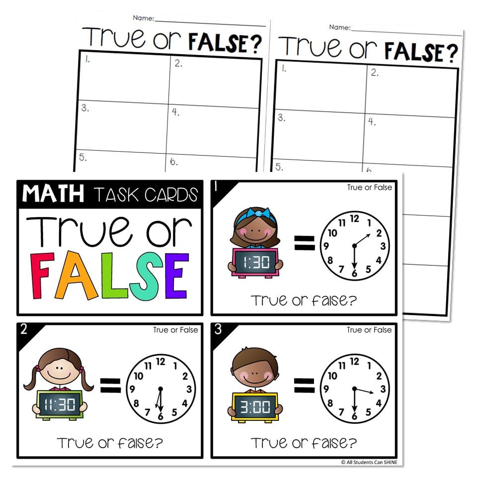 Math Task Cards - Time - True or False - Lucky Little Learners
