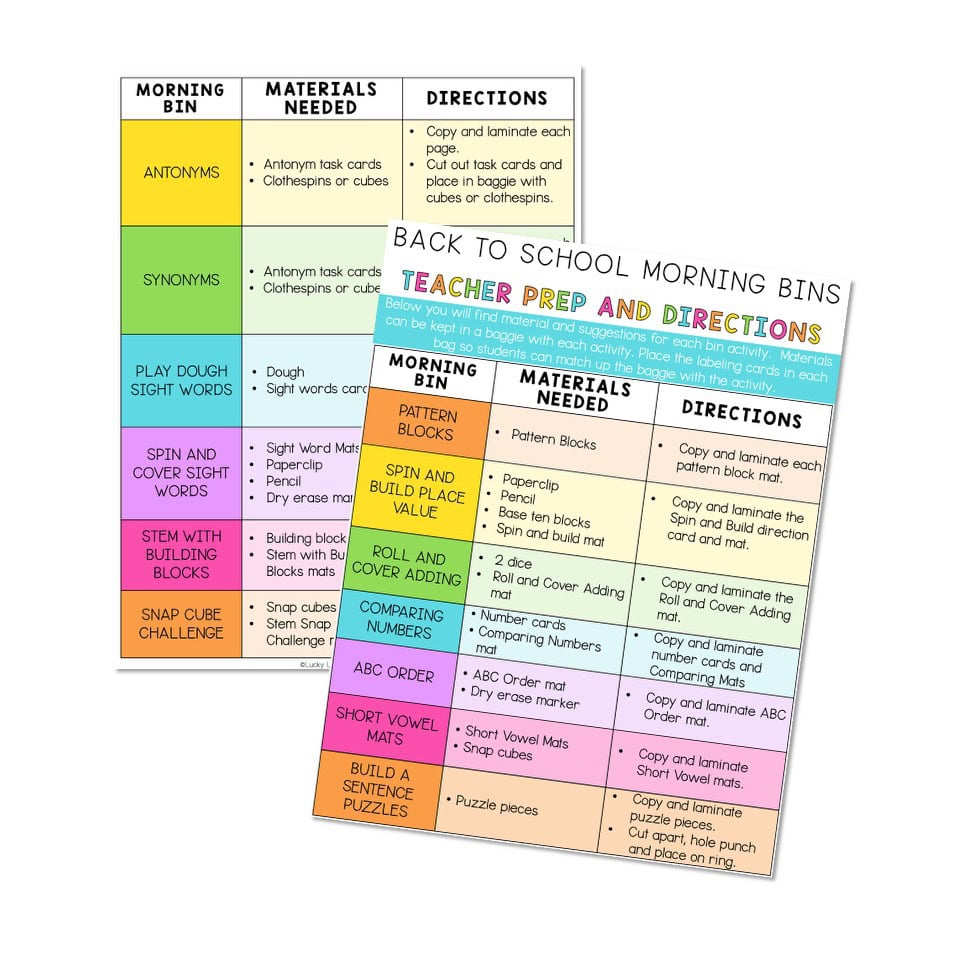 Morning Bins - Back to School - Teacher Directions and Prep - Lucky ...