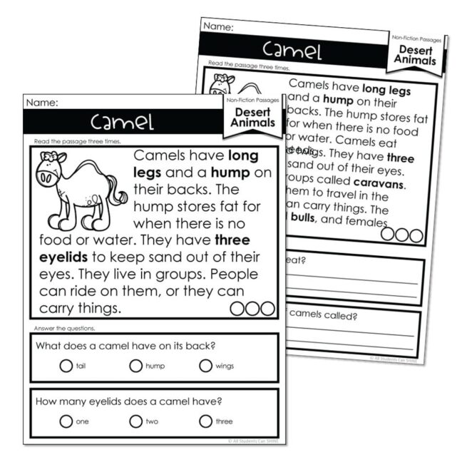 Non-Fiction Reading Passages - Desert Animals - Camel - Lucky Little ...