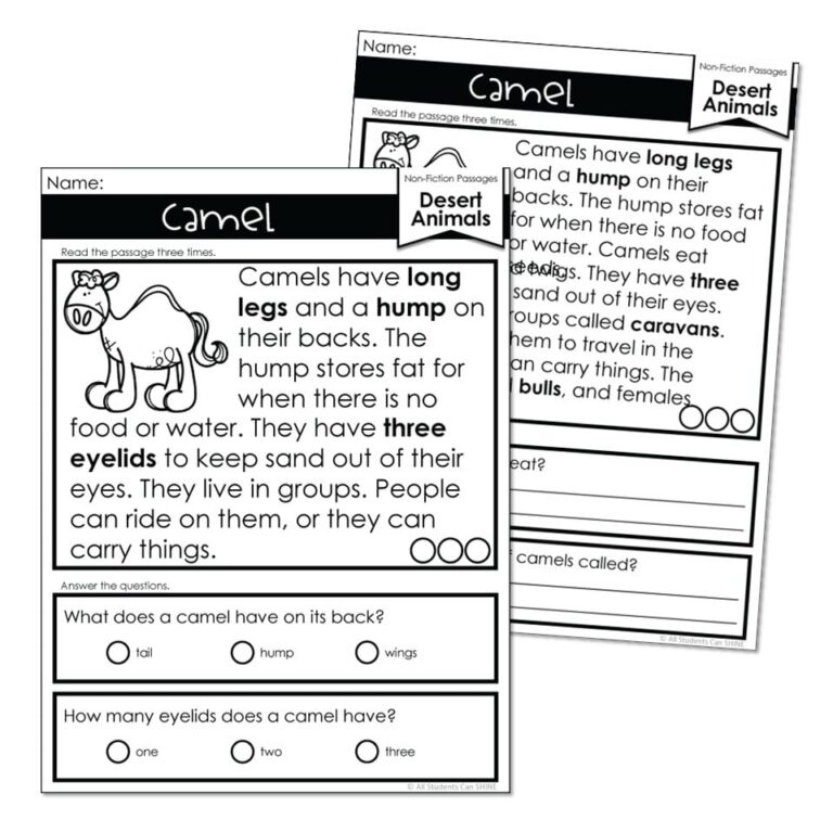 Non-Fiction Reading Passages - Desert Animals - Camel - Lucky Little ...
