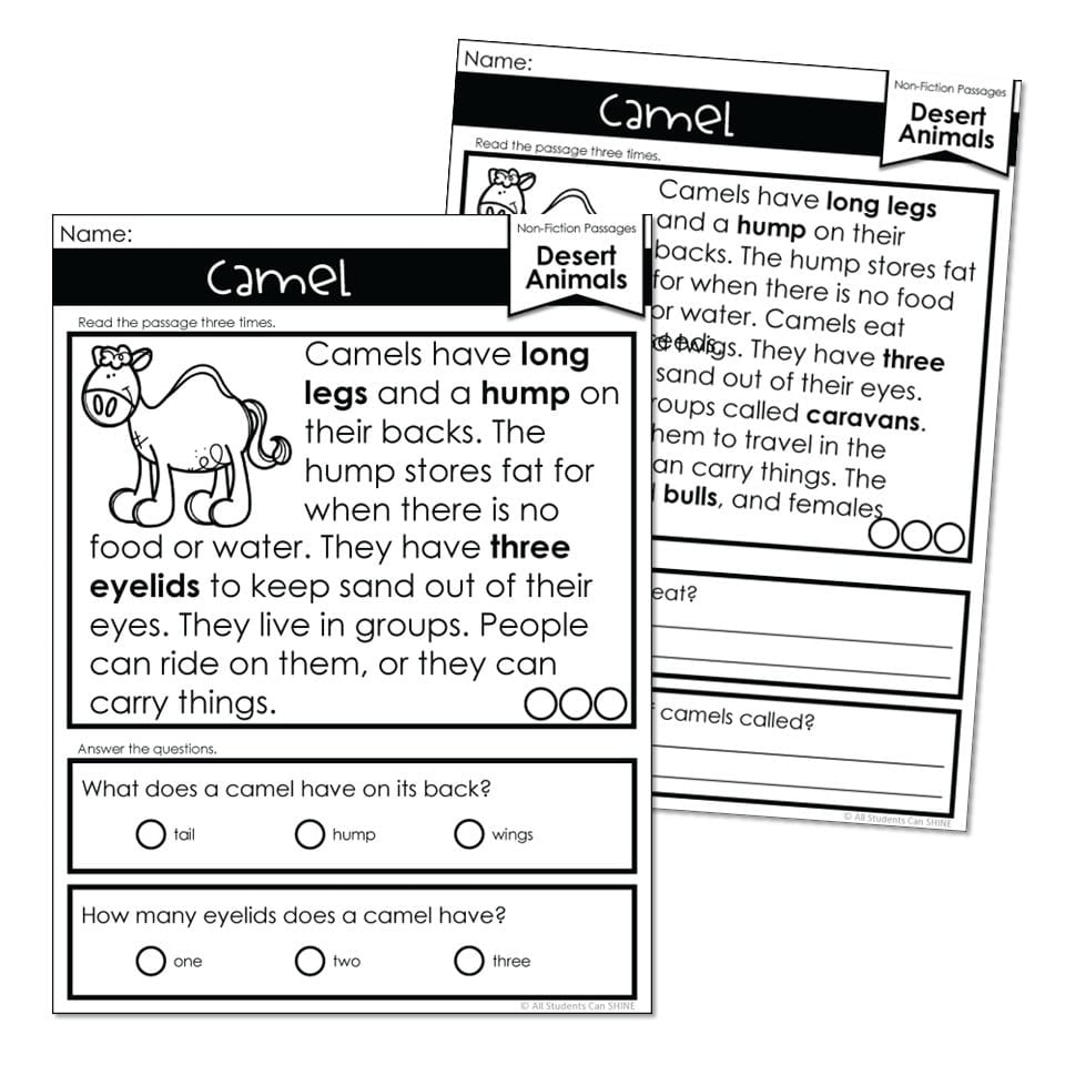 Non-Fiction Reading Passages - Desert Animals - Camel - Lucky Little ...