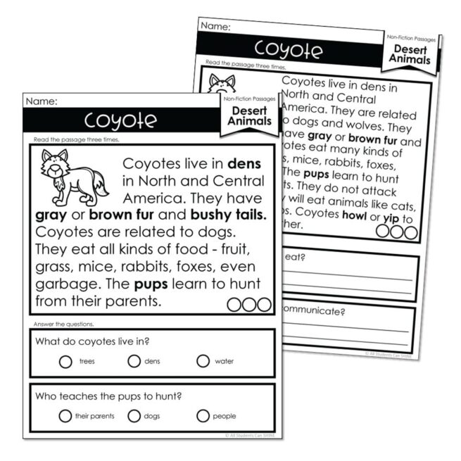 Non-Fiction Reading Passages - Desert Animals - Coyote - Lucky Little ...