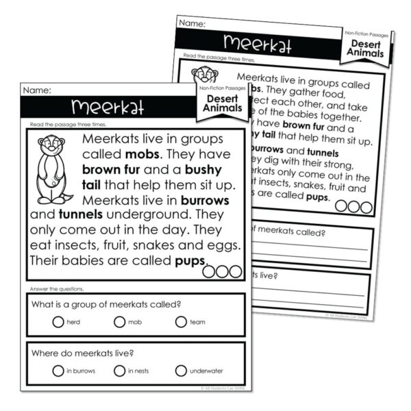 Non-Fiction Reading Passages - Desert Animals - Meekrat - Lucky Little ...