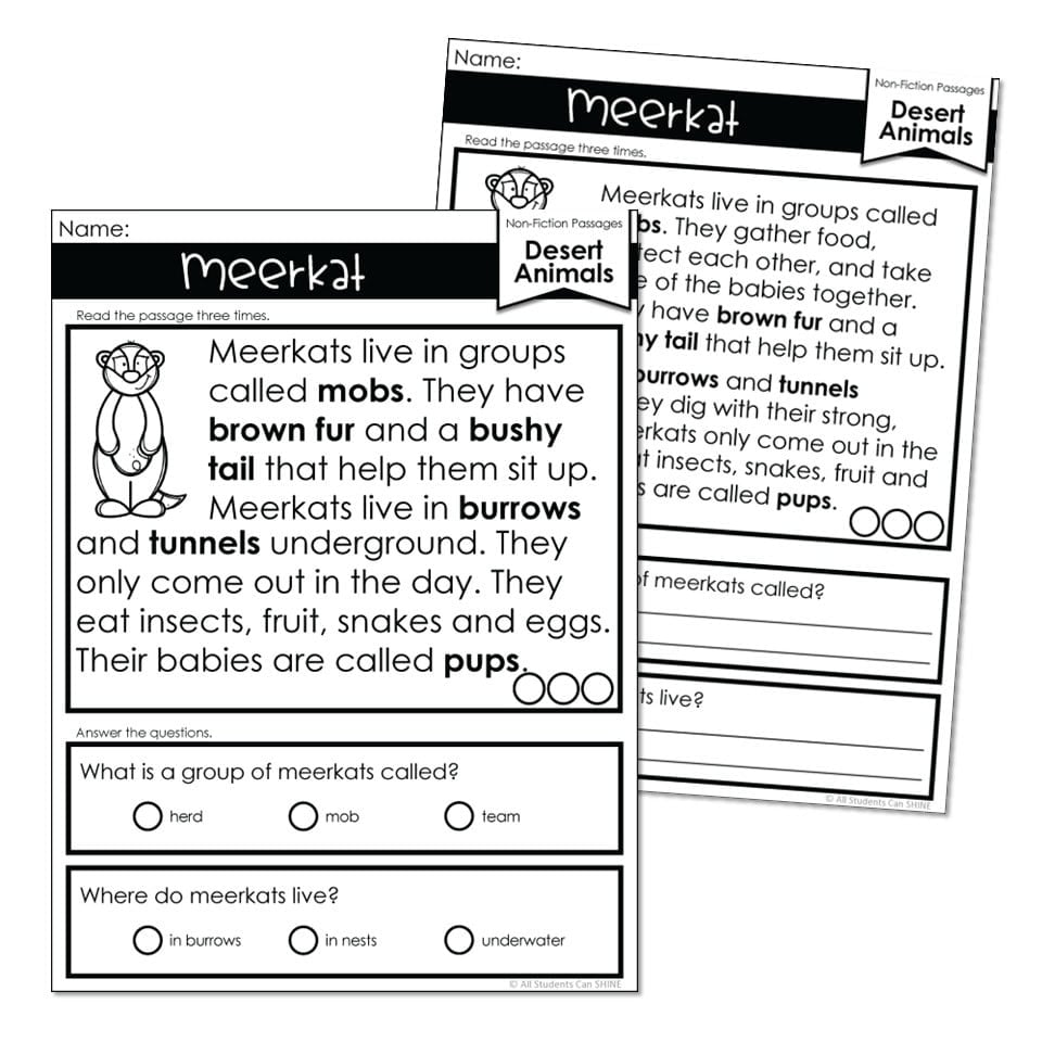 Non-Fiction Reading Passages - Desert Animals - Meekrat - Lucky Little ...