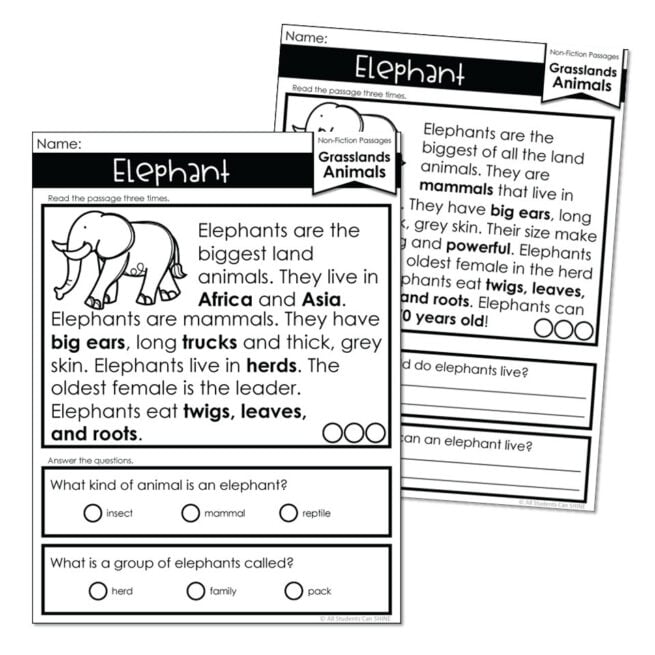 Non-Fiction Reading Passages - Grassland Animals - Elephant - Lucky ...