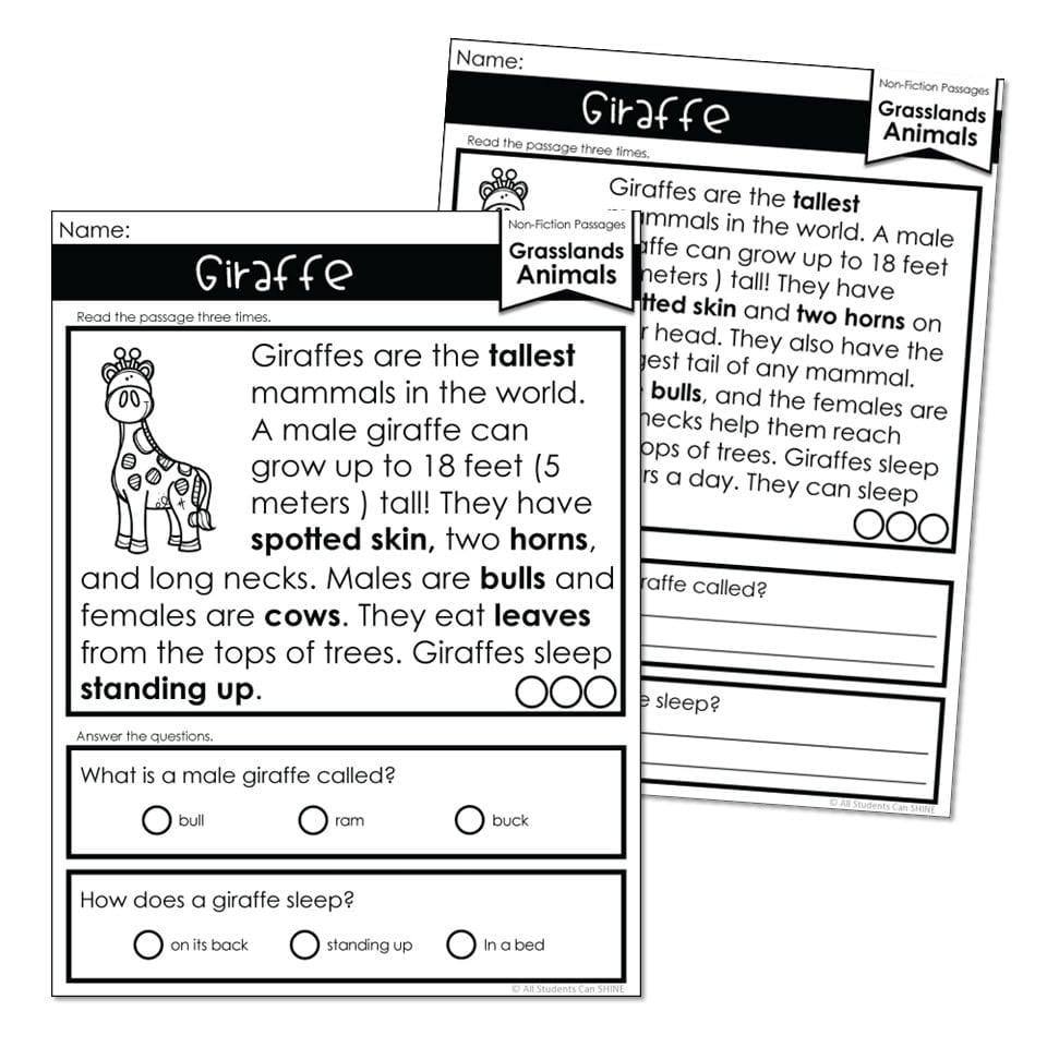 Non-Fiction Reading Passages - Grassland Animals - Giraffe - Lucky ...