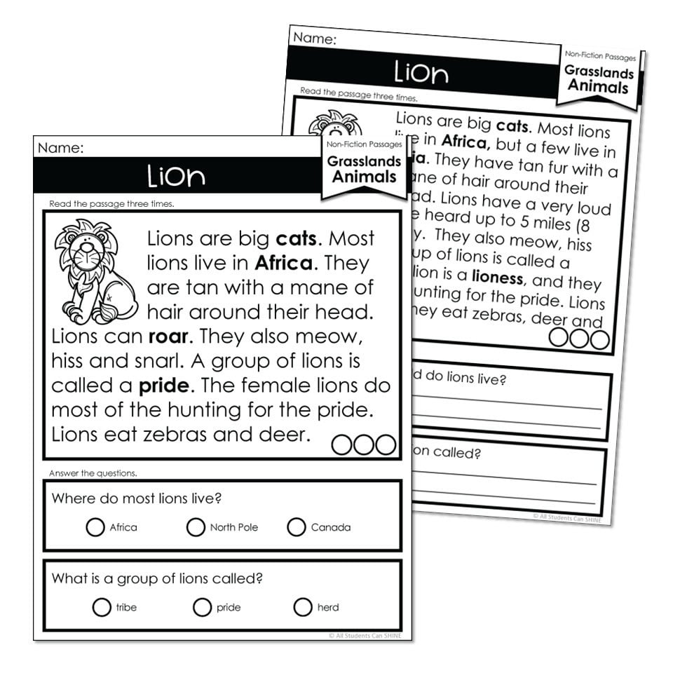 Non-Fiction Reading Passages - Grassland Animals - Lion - Lucky Little ...