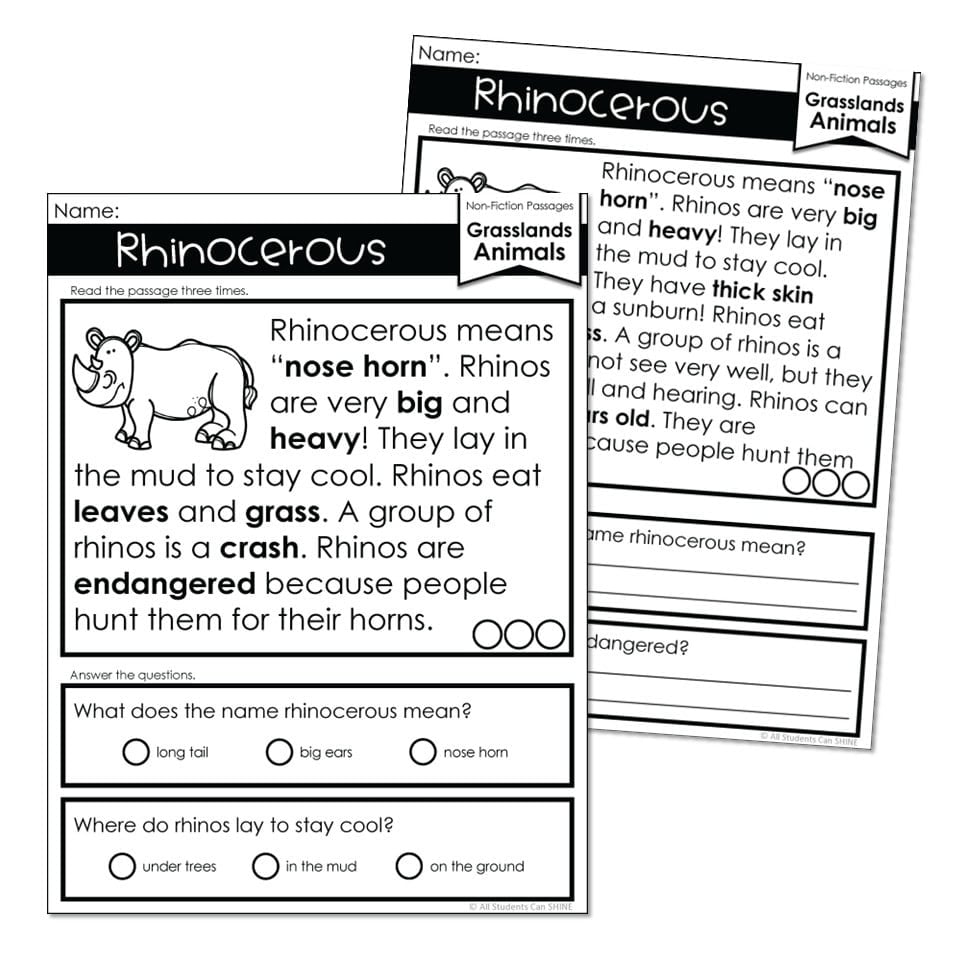Non-Fiction Reading Passages - Grassland Animals - Rhinocerous - Lucky ...