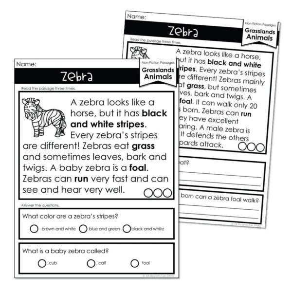 Non-Fiction Reading Passages - Grassland Animals - Zebra - Lucky Little ...