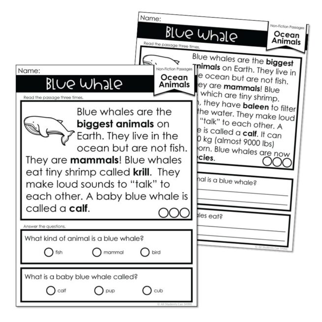 Non-Fiction Reading Passages - Ocean Animals - Blue Whale - Lucky ...