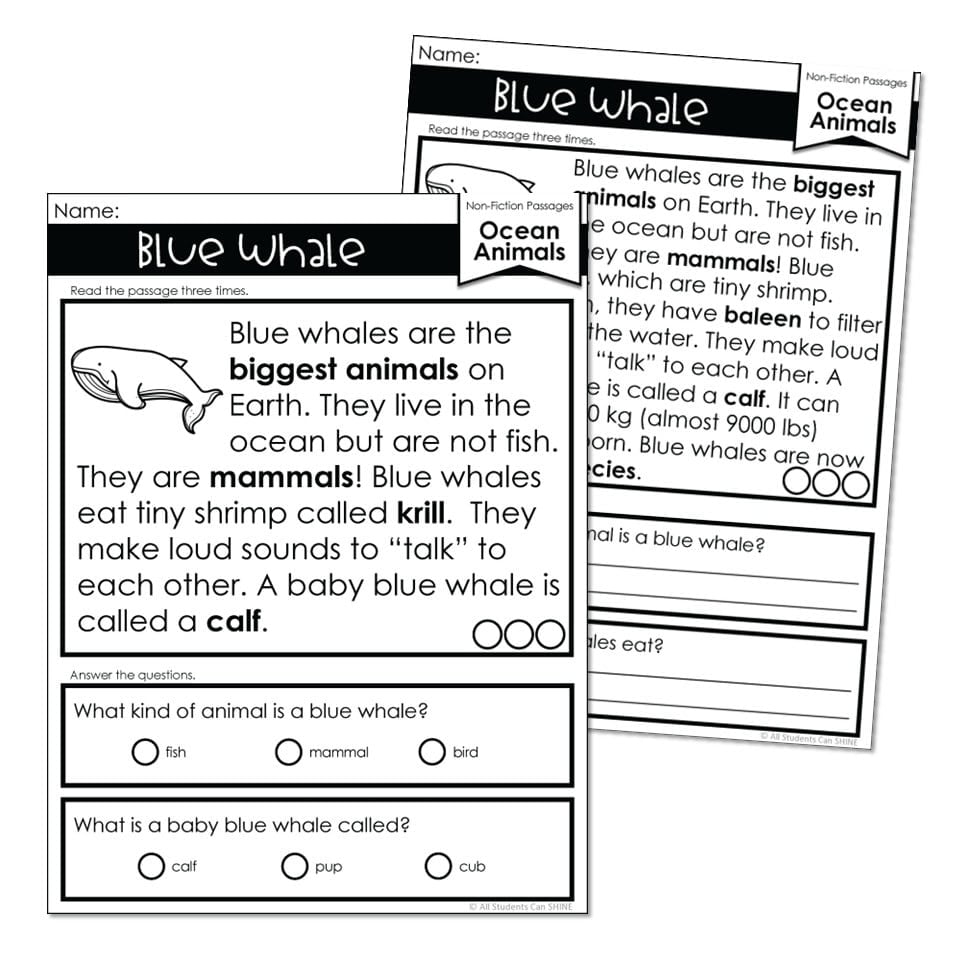 Non-Fiction Reading Passages - Ocean Animals - Blue Whale - Lucky ...