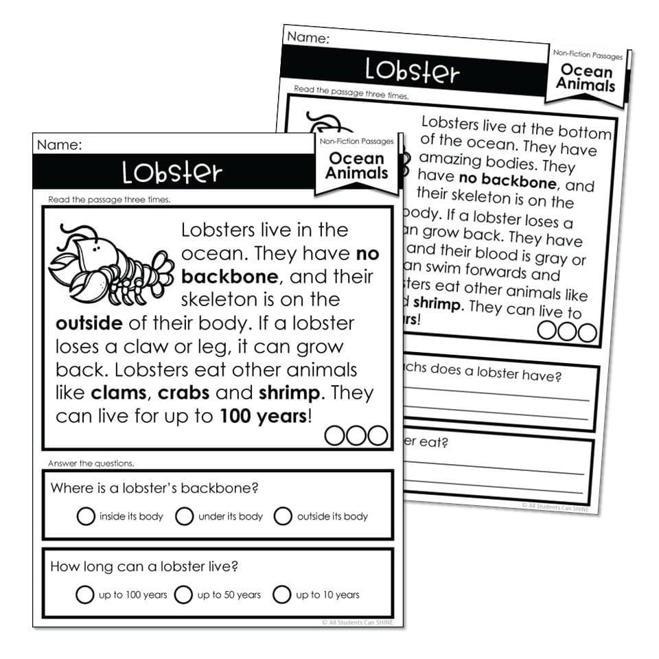 Non-Fiction Reading Passages - Ocean Animals - Lobster - Lucky Little ...