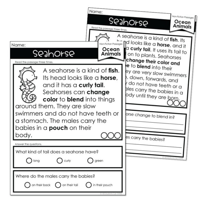 Non-Fiction Reading Passages - Ocean Animals - Seahorse - Lucky Little ...