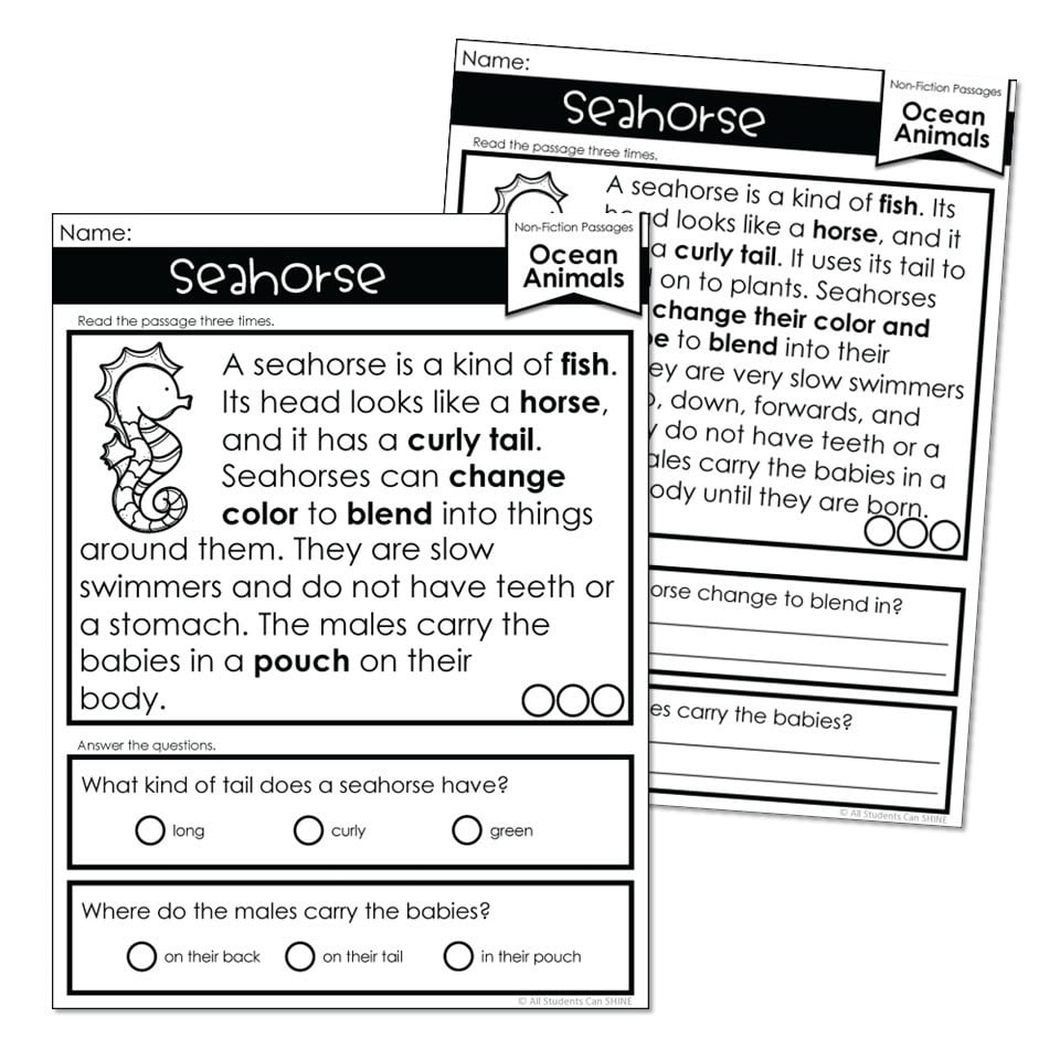 Non-Fiction Reading Passages - Ocean Animals - Seahorse - Lucky Little ...