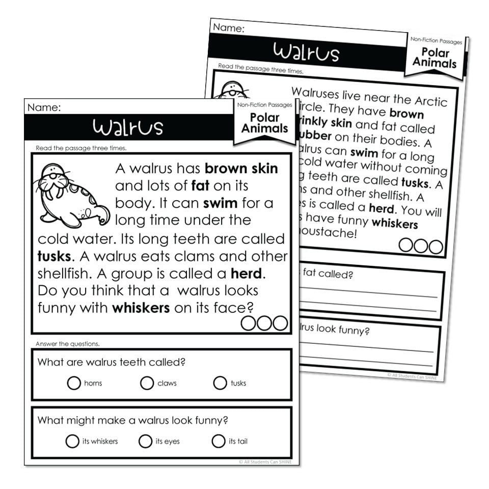 Non-Fiction Reading Passages - Polar Animals - Walrus - Lucky Little ...