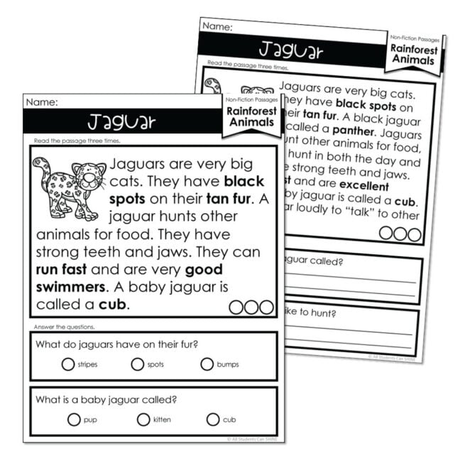 Non-Fiction Reading Passages - Rainforest Animals - Jaguar - Lucky ...