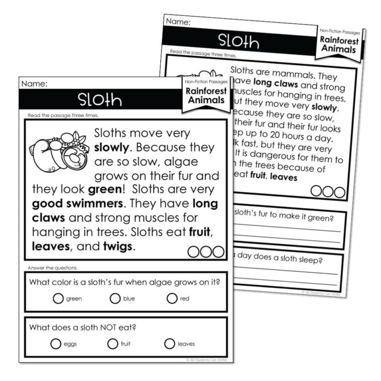 Non-Fiction Reading Passages - Rainforest Animals - Sloth - Lucky ...