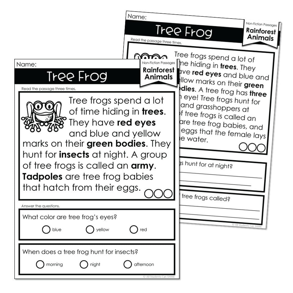 Non-Fiction Reading Passages - Rainforest Animals - Tree Frog - Lucky ...