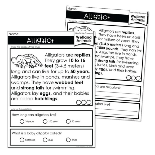 Non-Fiction Reading Passages - Wetland Animals - Alligator - Lucky ...