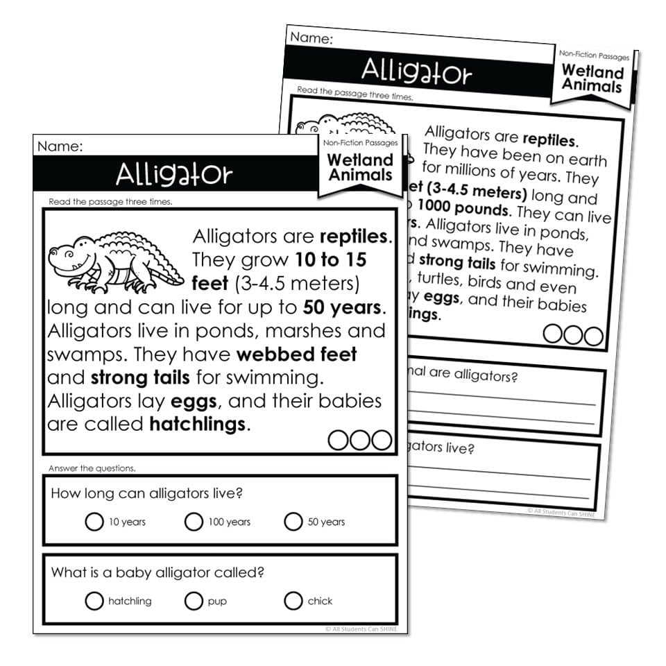 Non-Fiction Reading Passages - Wetland Animals - Alligator - Lucky ...