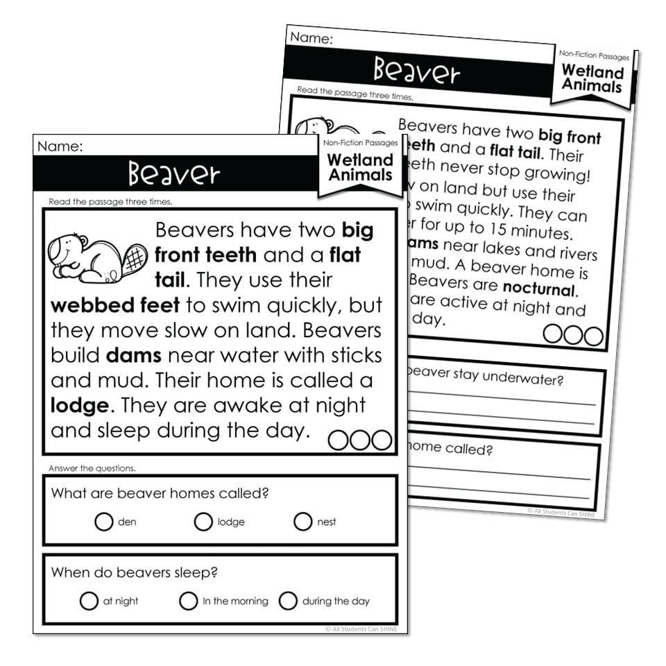 Non-Fiction Reading Passages - Wetland Animals - Beaver - Lucky Little ...
