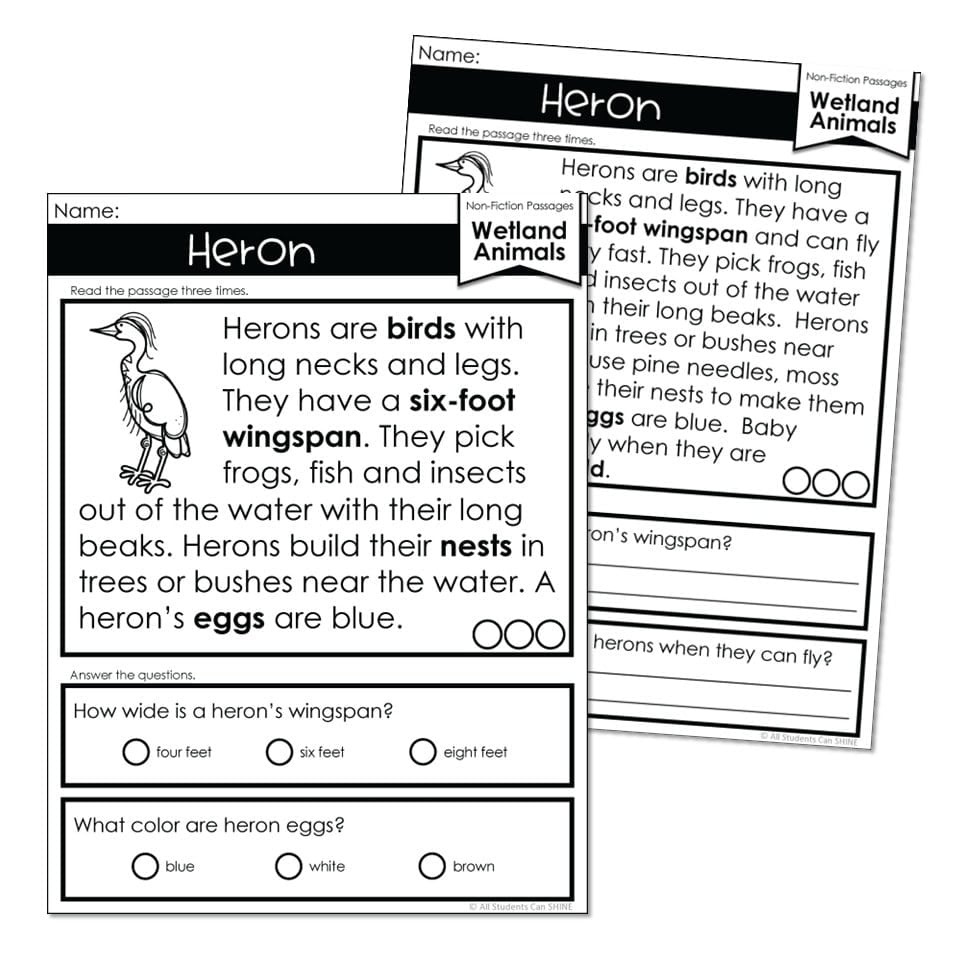 Non-Fiction Reading Passages - Wetland Animals - Heron - Lucky Little ...