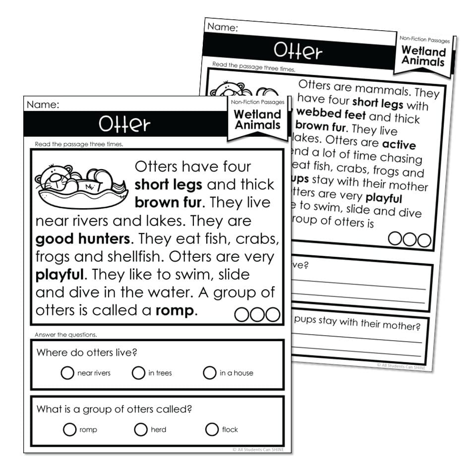 Non-Fiction Reading Passages - Wetland Animals - Otter - Lucky Little ...