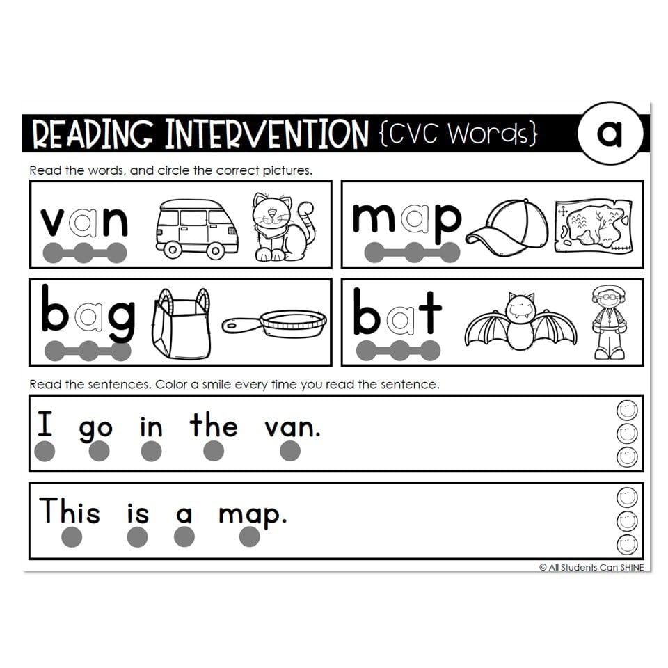 Reading Intervention Worksheets - CVC Words - Lucky Little Learners