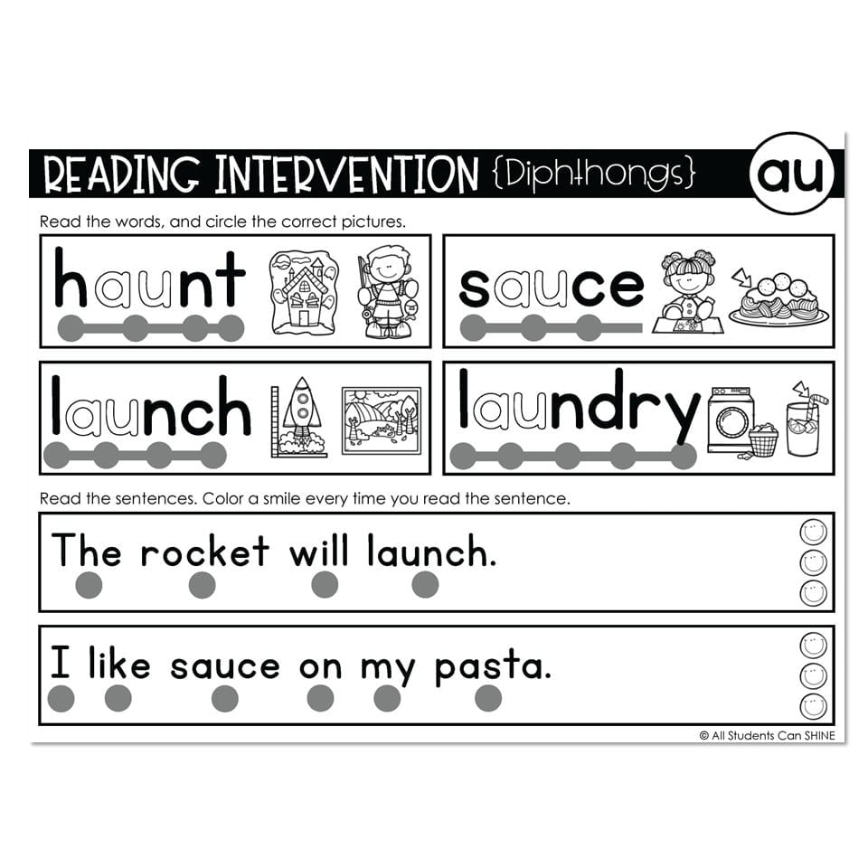Reading Intervention Worksheets - Diphthongs - Lucky Little Learners