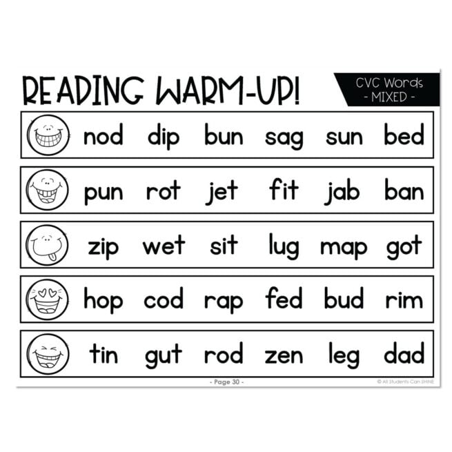 Reading Warm-Ups - CVC Words - Mixed Short Vowels - Lucky Little Learners