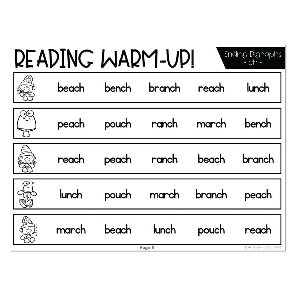 Reading Warm-Ups - Digraphs Trigraphs and Diphthongs - Ending Digraphs ...