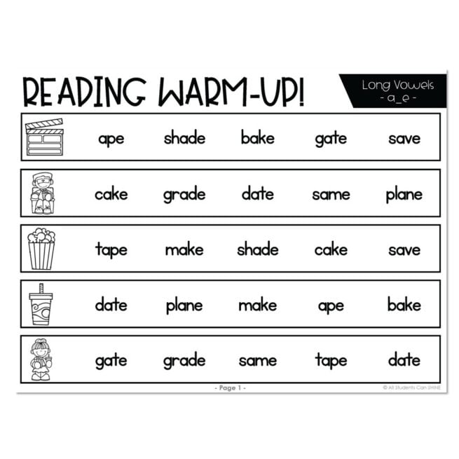 Reading Warm-Ups - Long and R-Controlled Vowels - Long A - Lucky Little ...