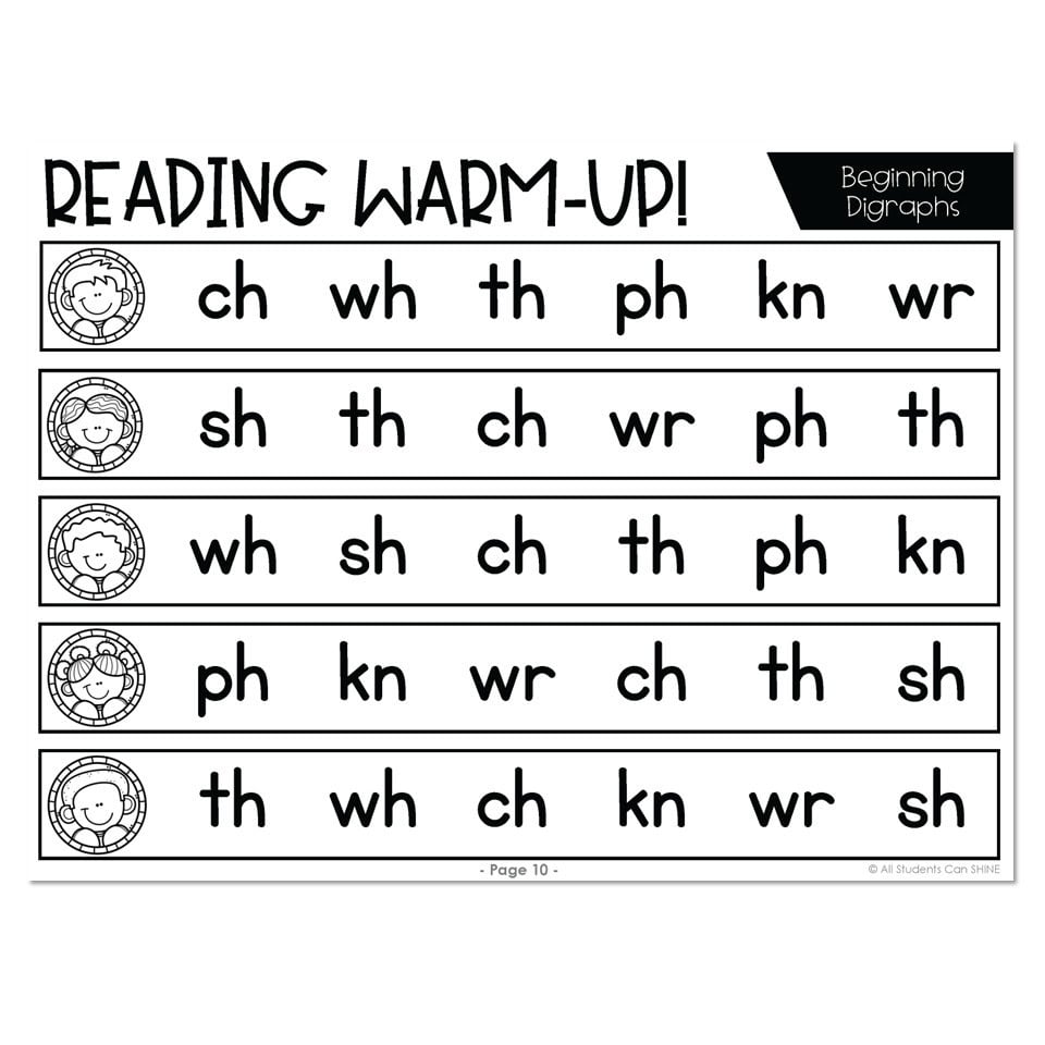 Reading Warm-Ups - Phonics - Beginning Digraphs - Lucky Little Learners