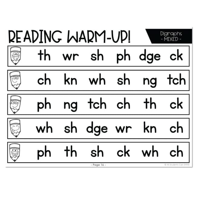 Reading Warm-Ups - Phonics - Digraphs Mixed - Lucky Little Learners