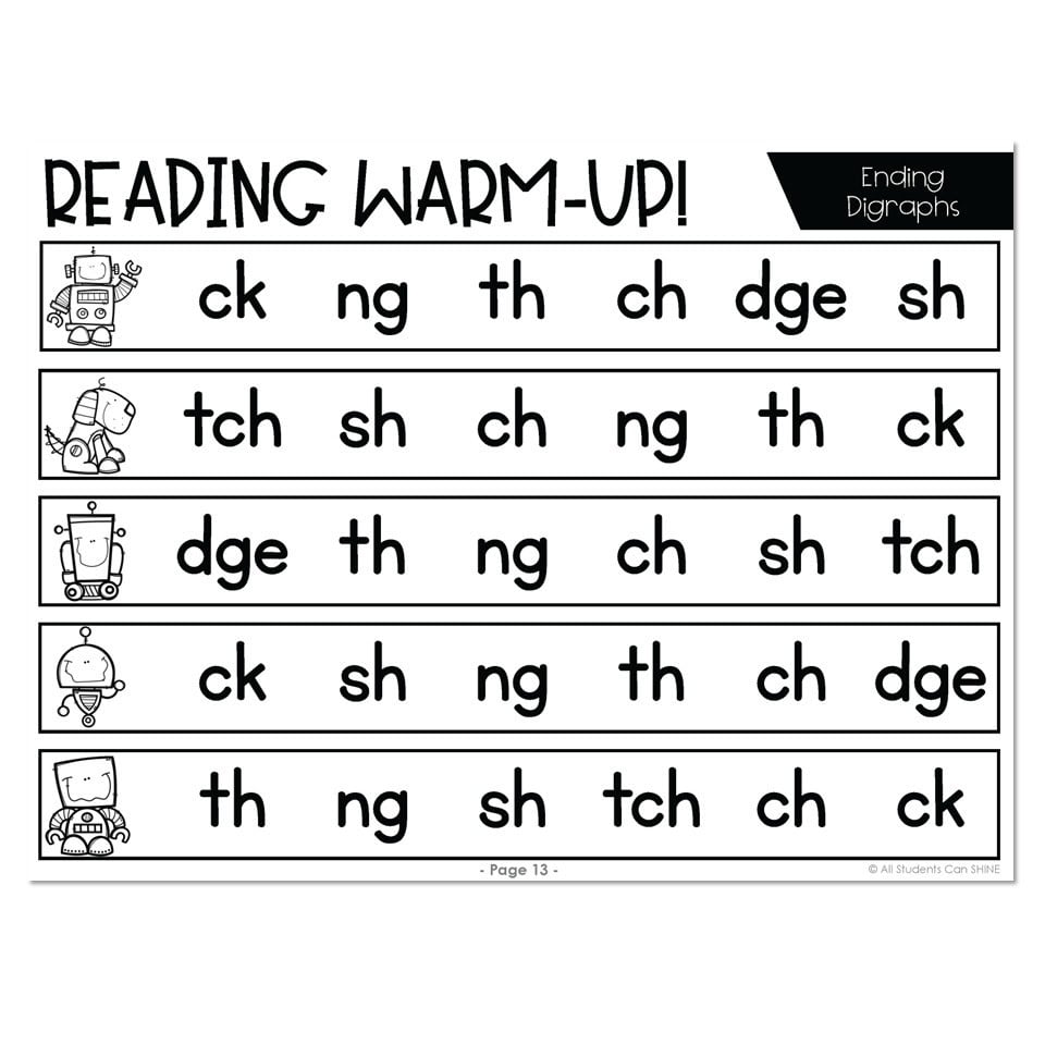 Reading Warm-Ups - Phonics - Ending Digraphs - Lucky Little Learners