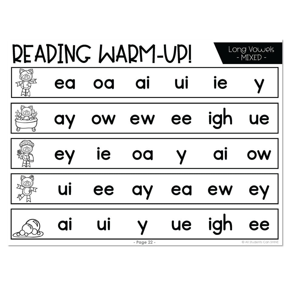 Reading Warm-Ups - Phonics - Long Vowels Mixed - Lucky Little Learners