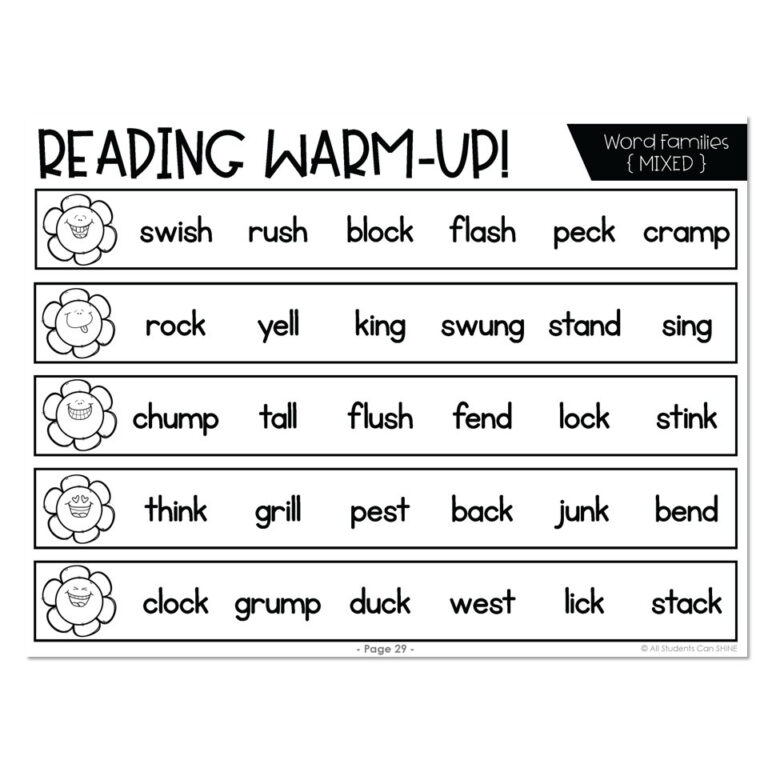Reading Warm-Ups - Short Vowel Word Families - Mixed Short Vowels ...