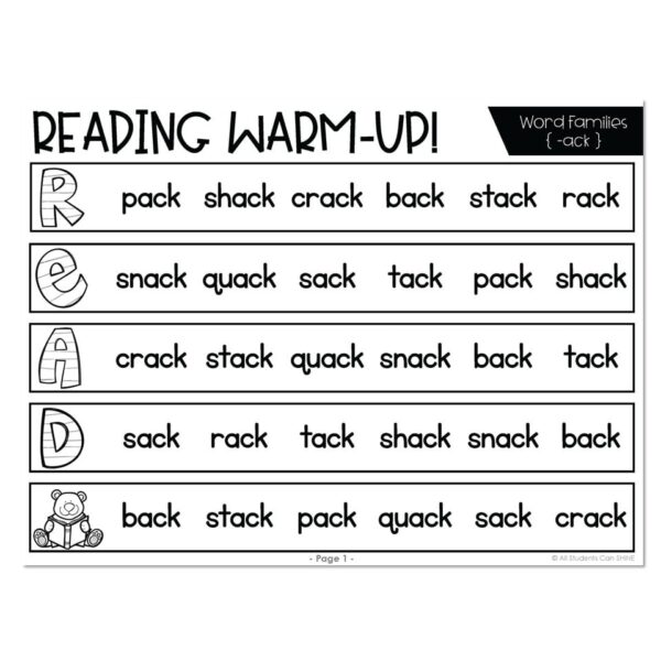 Reading Warm-Ups - Short Vowel Word Families - Short A - Lucky Little ...