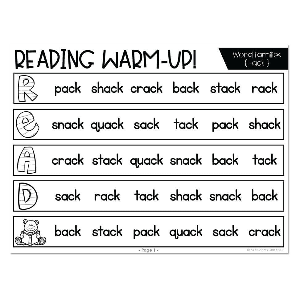 Reading Warm-Ups - Short Vowel Word Families - Short A - Lucky Little ...
