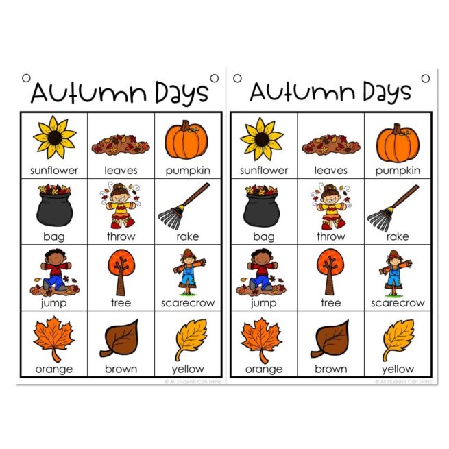 Themed Vocabulary Word Lists - Autumn Days - Lucky Little Learners