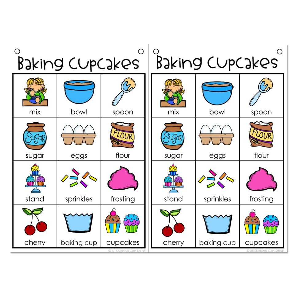 Themed Vocabulary Word Lists - Baking Cupcakes - Lucky Little Learners