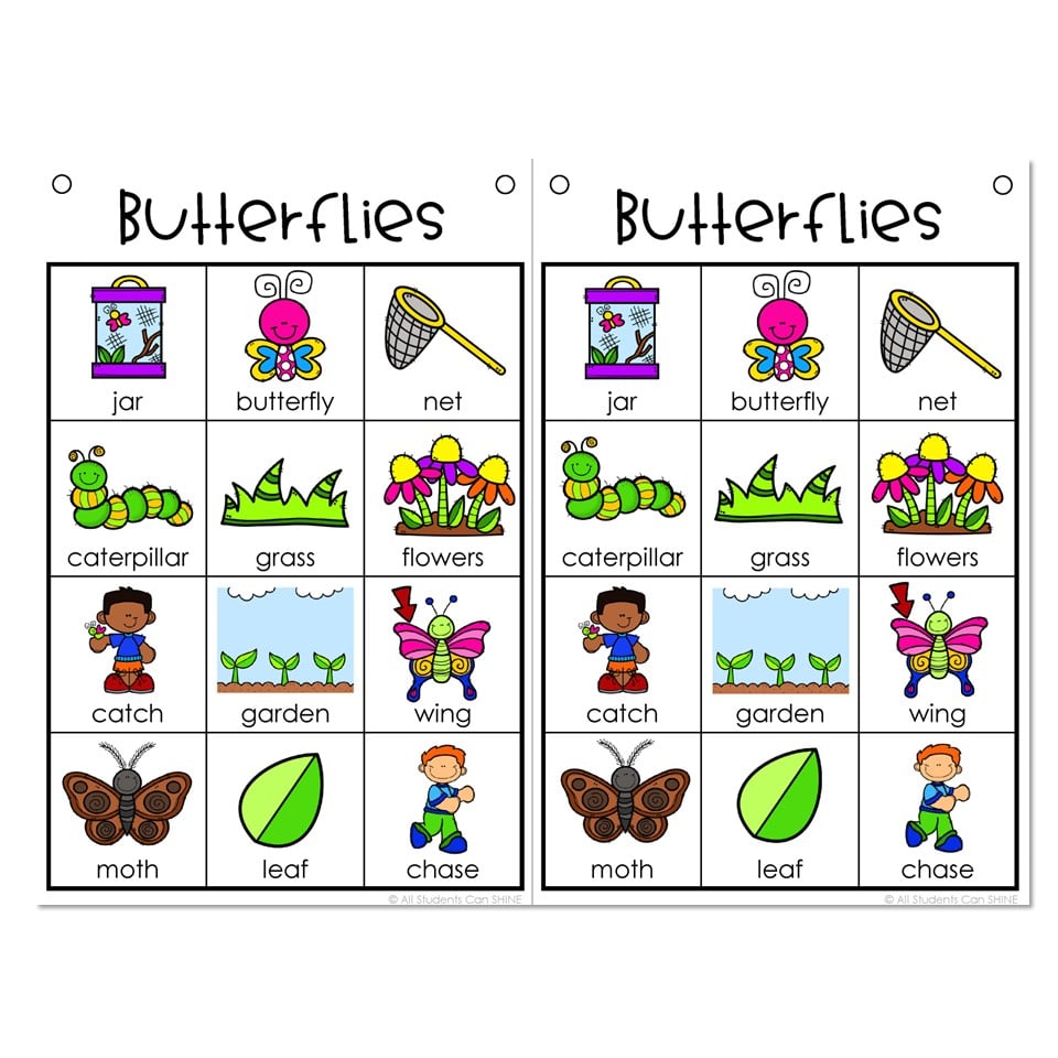 Themed Vocabulary Word Lists - Butterflies - Lucky Little Learners