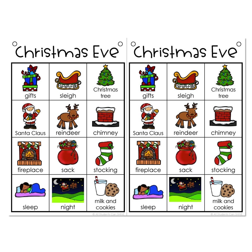 Themed Vocabulary Word Lists - Christmas Eve - Lucky Little Learners